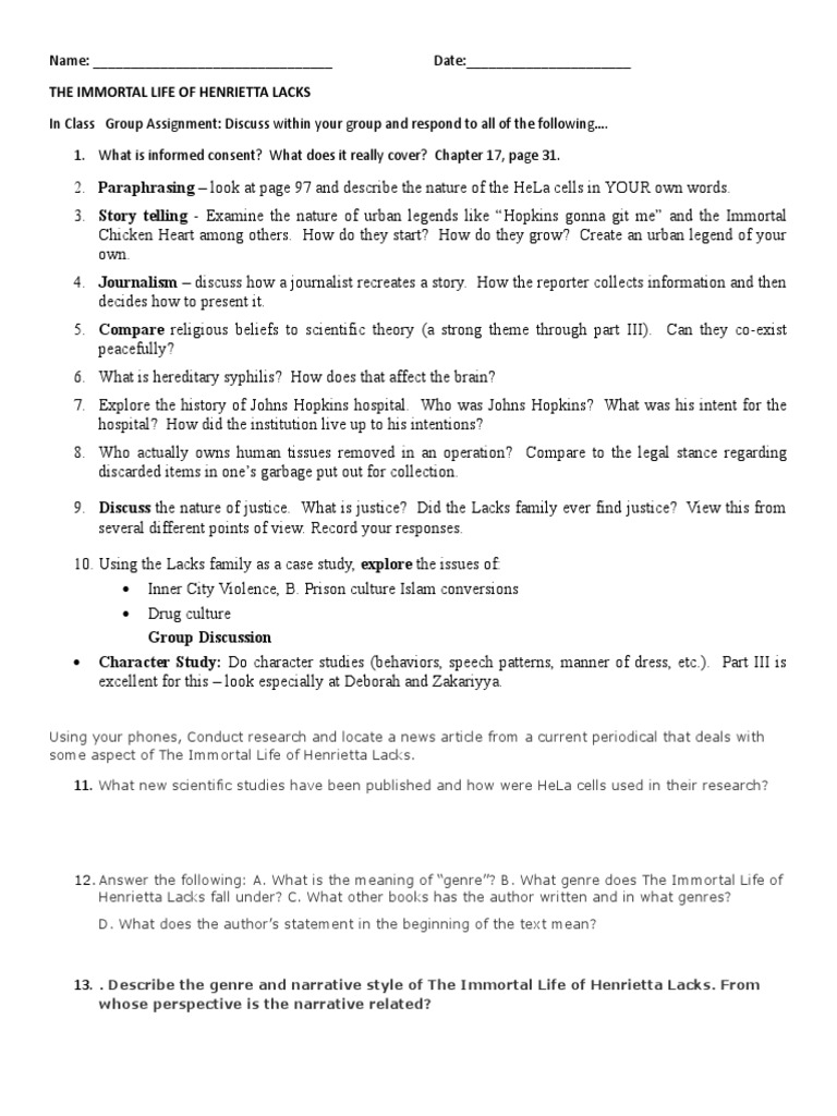 Group Discussion on Henrietta Lacks | PDF | Narrative | Psychology