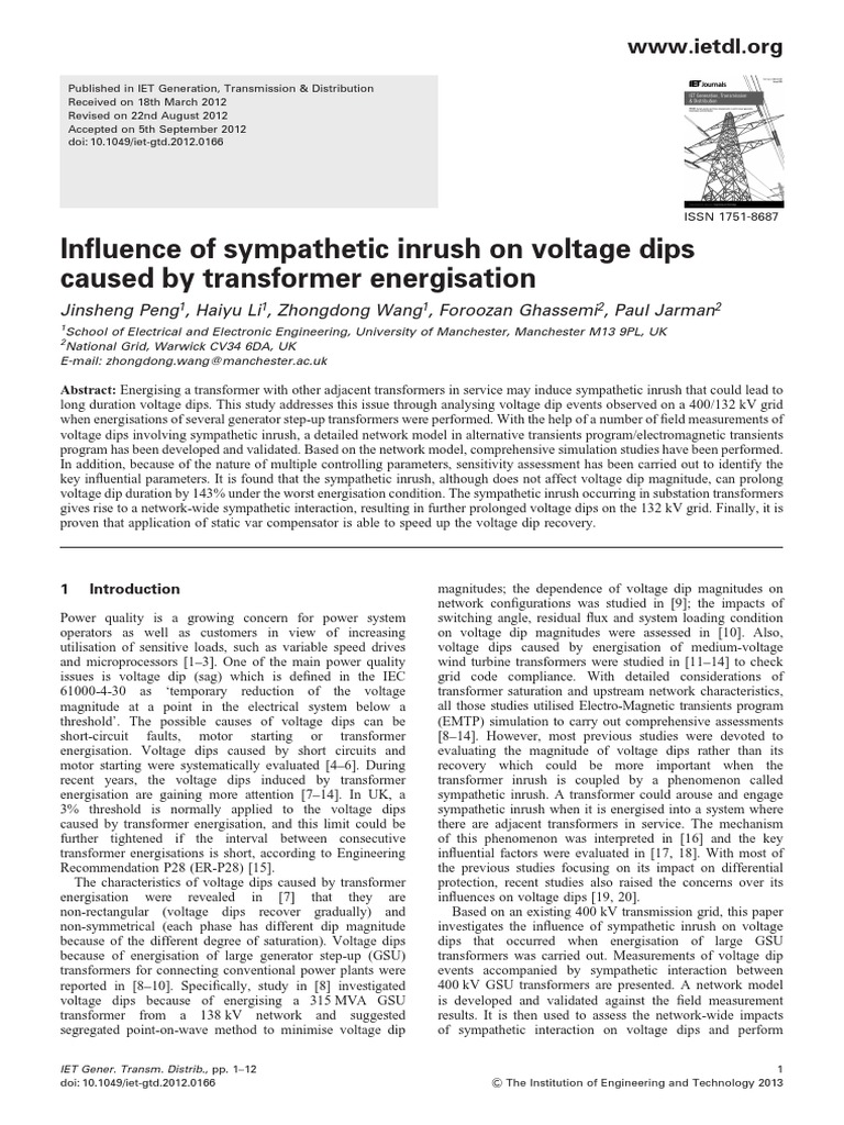 Influence of Sympathetic Inrush On Voltage Dips | PDF | Transformer ...