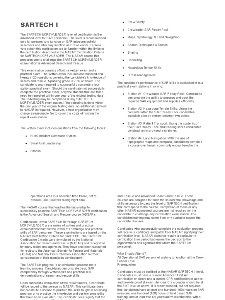 Sartech I | PDF | Search And Rescue | Professional Certification