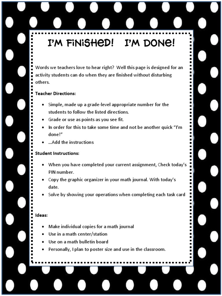 Early Finishers Im Finished What To Do When You Are Done | PDF
