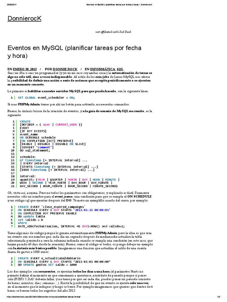Eventos en MySQL (Planificar Tareas Por Fecha y Hora) - DonnierocK | PDF | SQL | Tabla (base de ...