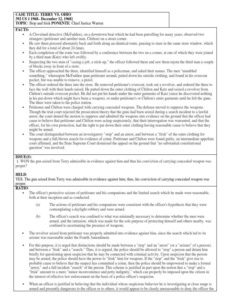 Terry vs. Ohio | Search And Seizure | Fourth Amendment To The United ...