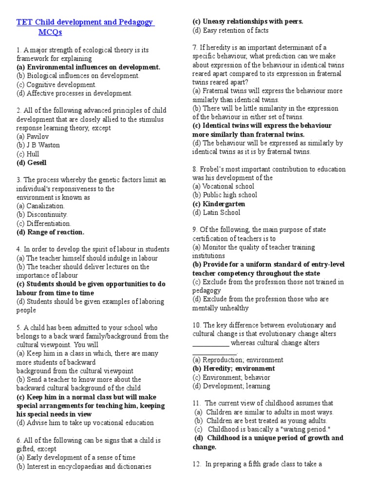TET Child Development and Pedagogy MCQs | PDF | Child Development ...