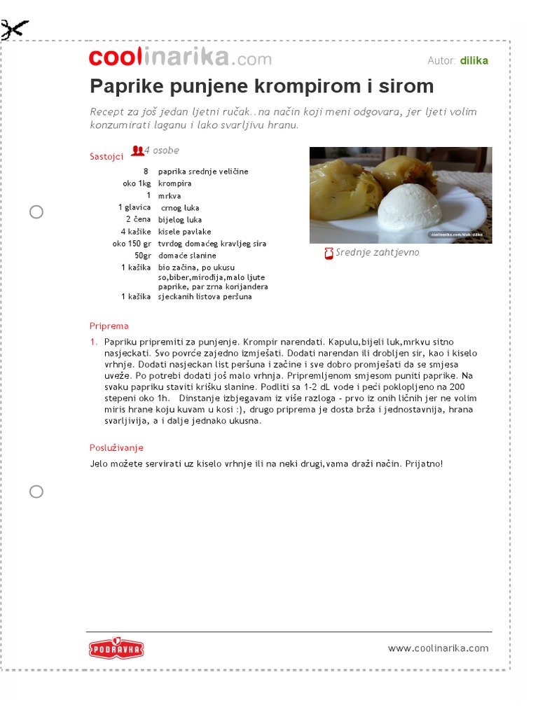 Paprike Punjene Krompirom I Sirom | PDF