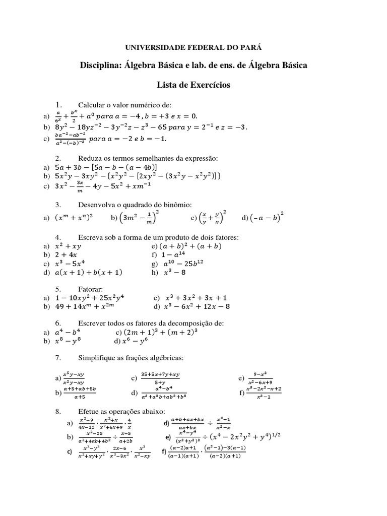 Lista de Exercícios - Álgebra Básica | PDF | Equações | Ensino de ...