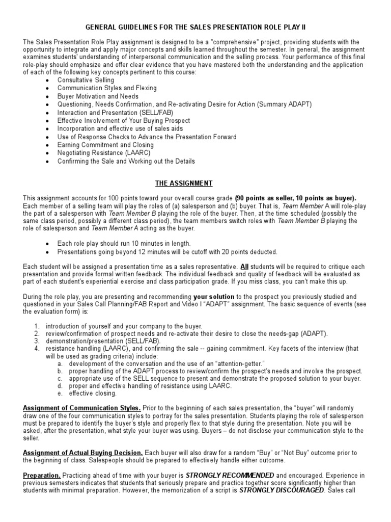 Role Play Handout Instructions | PDF | Sales | Psychological Concepts