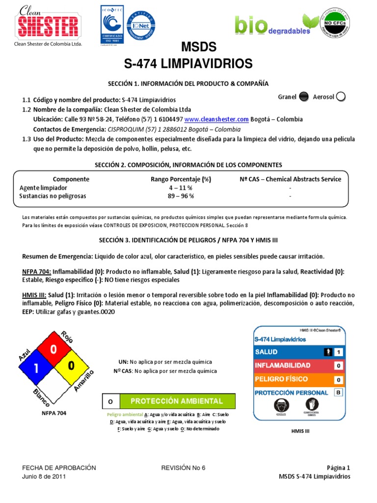 Hoja de Seguridad - Limpiavidrios | PDF | Residuos | Toxicidad