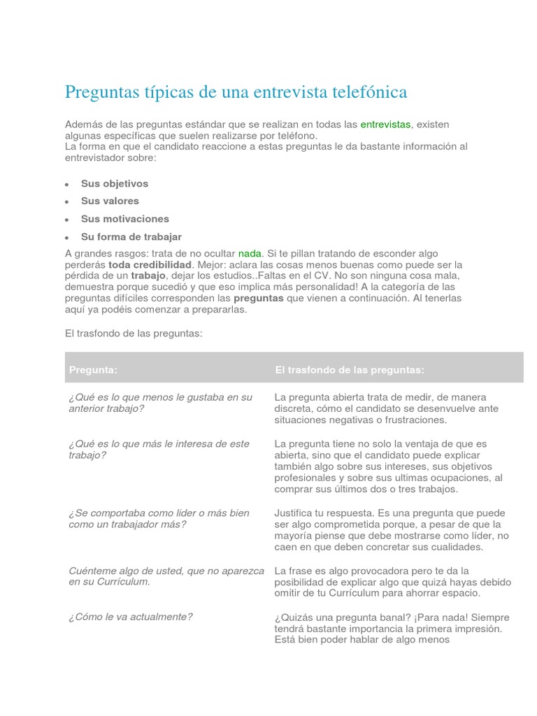 Preguntas Típicas de Una Entrevista Telefónica | Sicología y ciencia ...