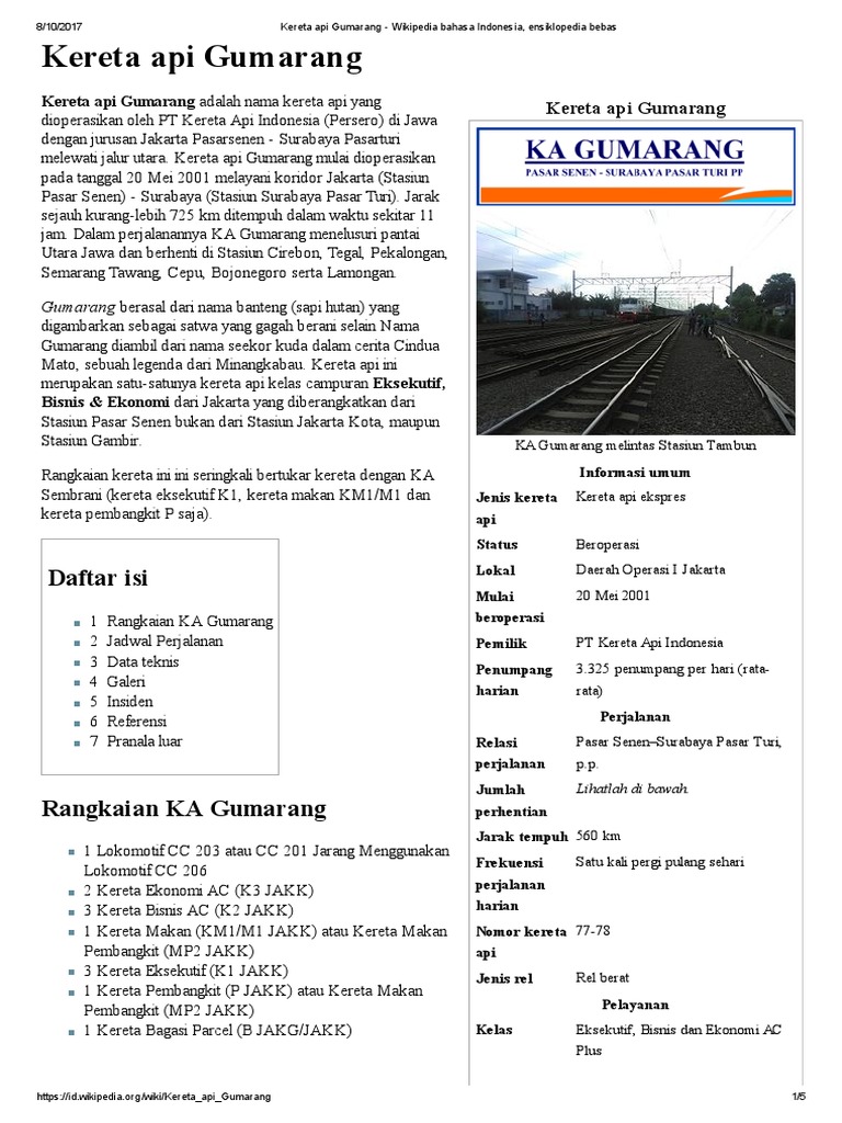 Kereta API Gumarang - Wikipedia Bahasa Indonesia, Ensiklopedia Bebas | PDF