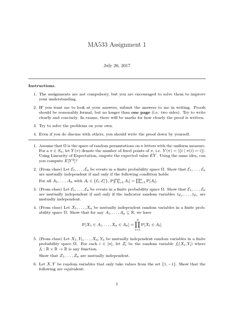 MA533 Assignment 1 Solutions | PDF | Expected Value | Mathematical Concepts