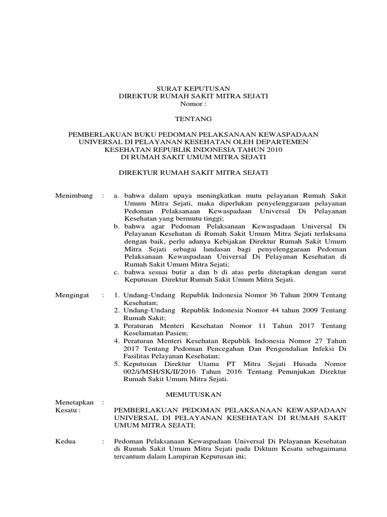 SK Pemberlakuan Pedoman Kewaspadaan Universal | PDF