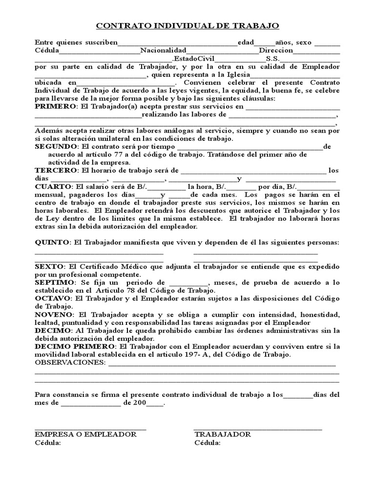 CONTRATO INDIVIDUAL DE TRABAJO 2 - copia.doc | Derecho laboral | Economias