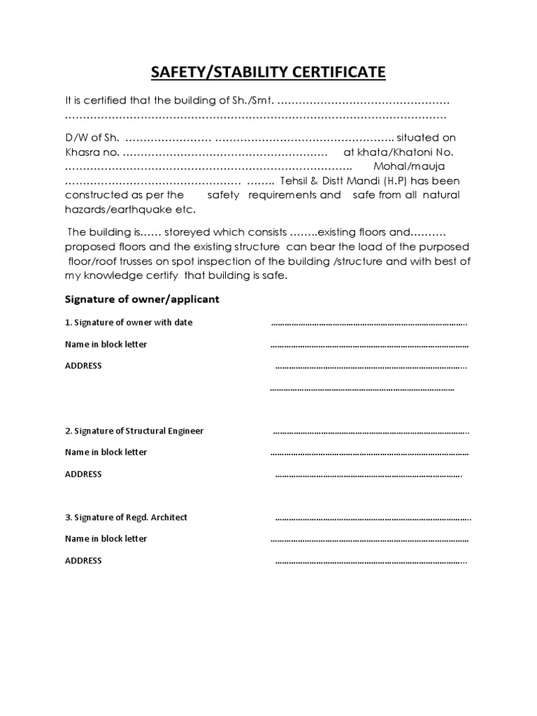 Safety/Stability Certificate: Signature of Owner/applicant | PDF | Home ...