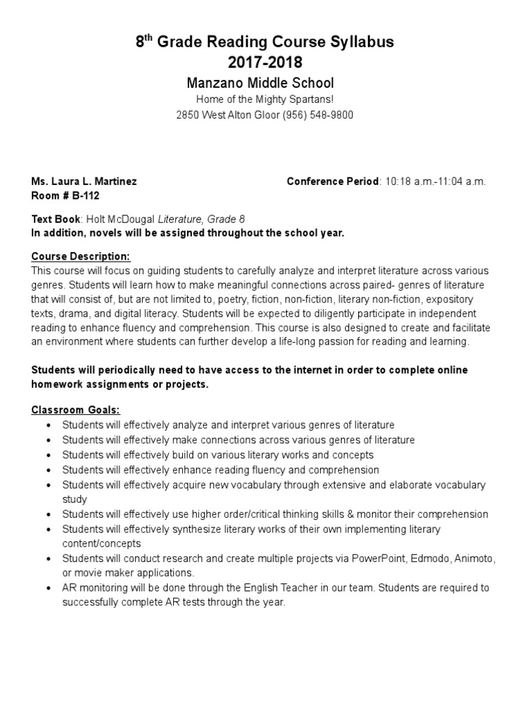 8 Grade Reading Course Syllabus 2017-2018: Manzano Middle School | PDF ...