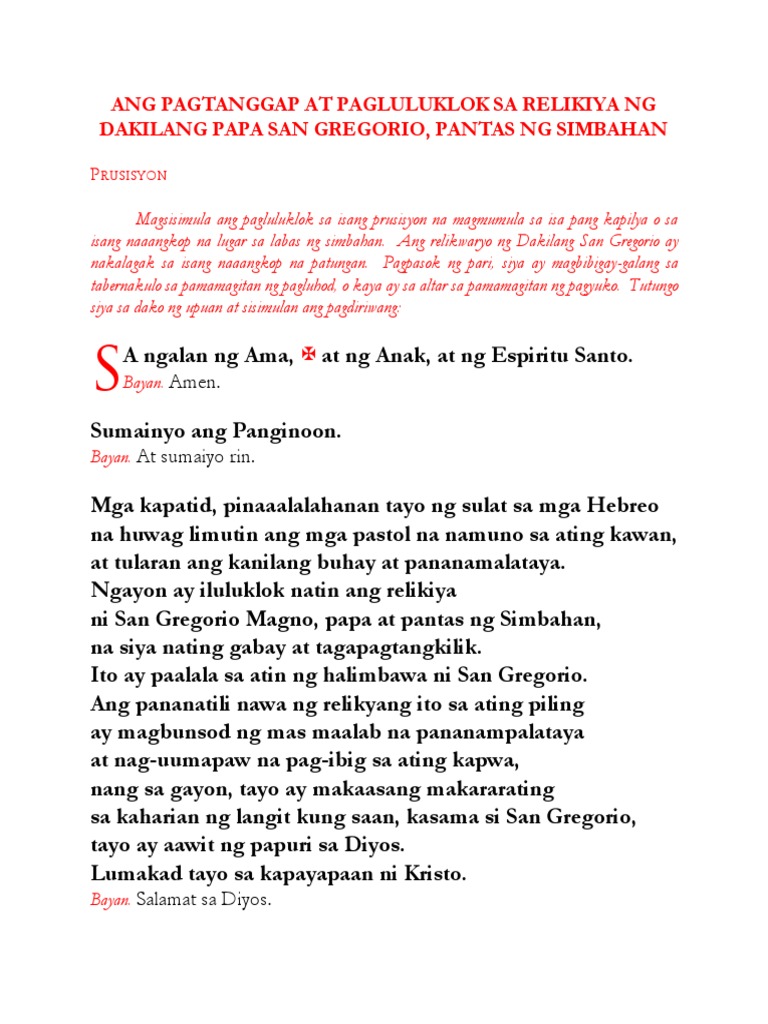 Ang Pagtanggap at Pagluluklok Sa Relikiya NG Dakilang Papa San Gregorio | PDF