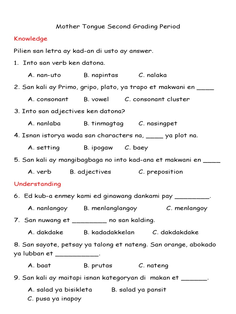 Mother Tongue Second Grading Period Grade 2