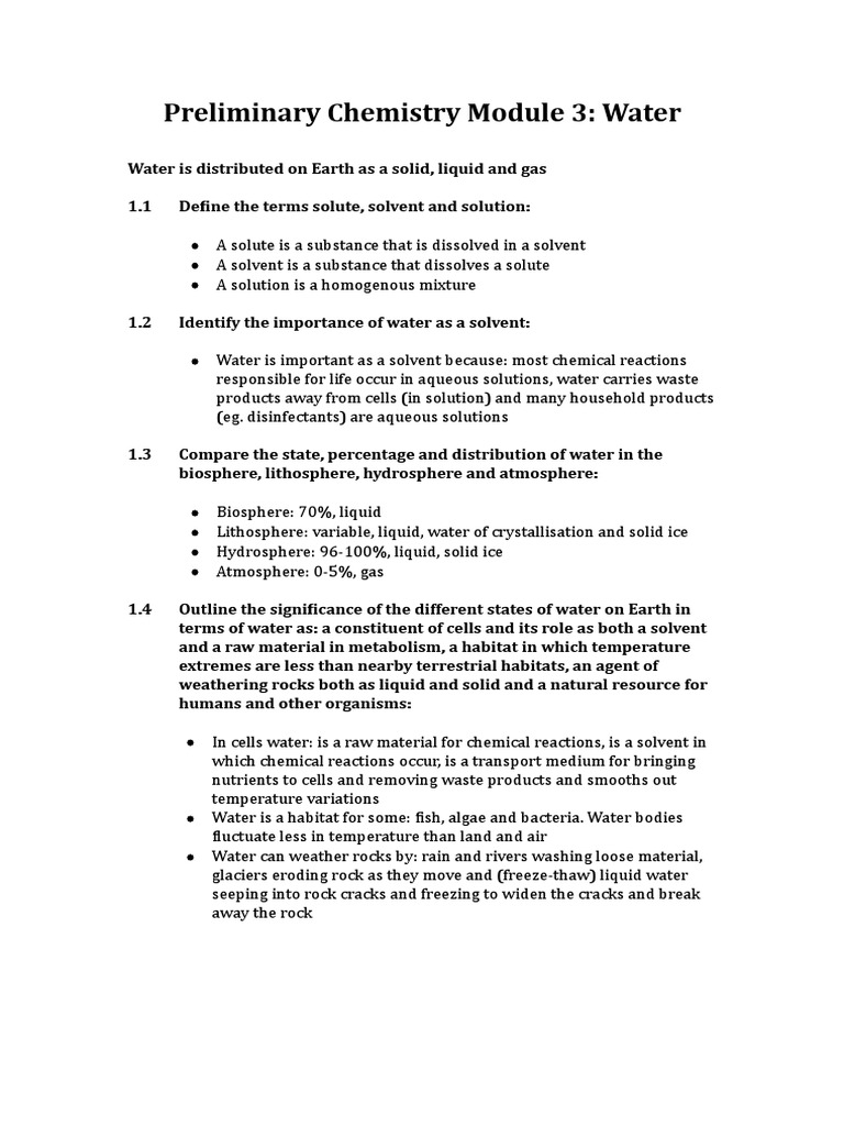 Chemistry Water Notes | PDF | Solubility | Properties Of Water