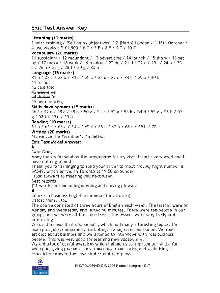 Exit Test Key | PDF