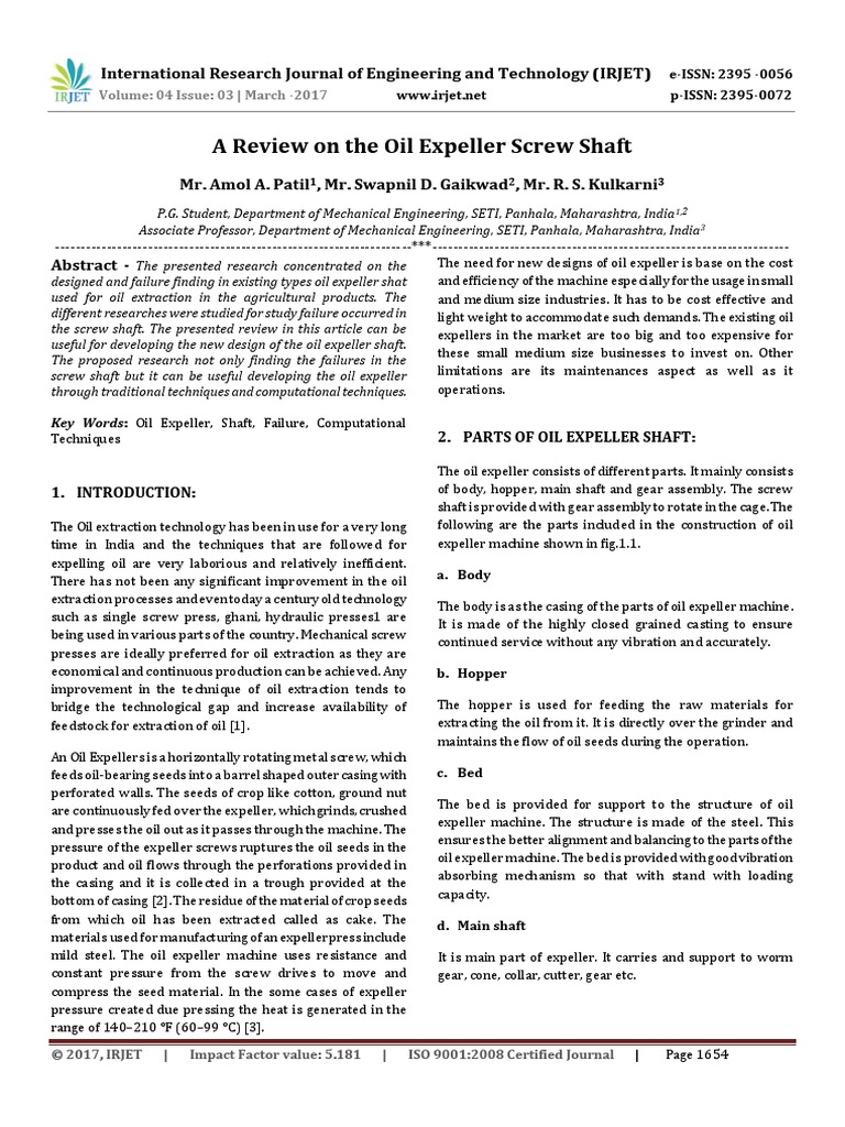 A Review On The Oil Expeller Screw Shaft | PDF | Gear | Bearing ...