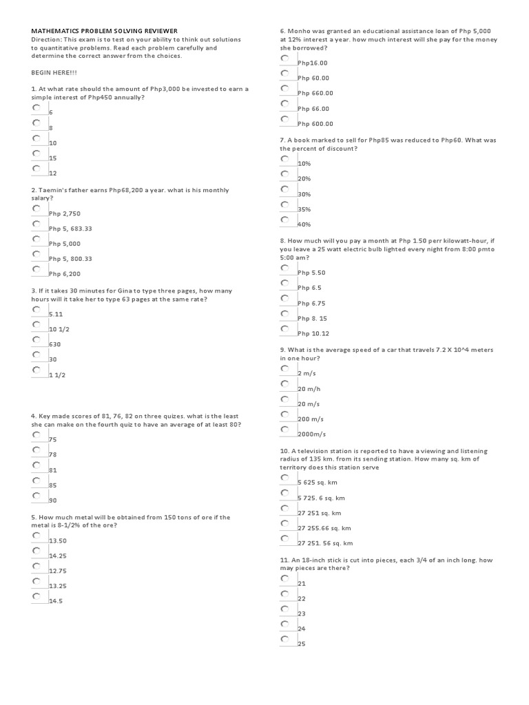 Mathematics Problem Solving Reviewer | PDF | Force | Energy And Resource