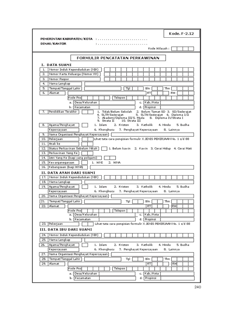 Formulir Pencatatan Perkawinan (F-2.12) PDF | PDF