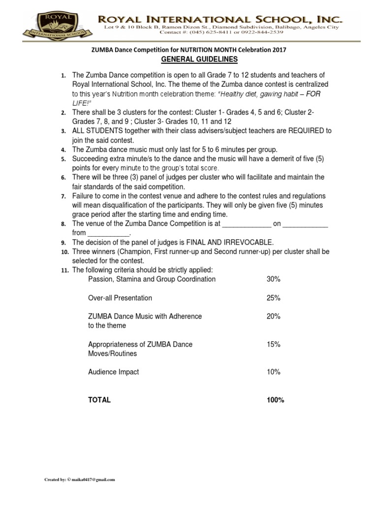 Zumba Dance Contest Guidelines for Nutrition Month | PDF