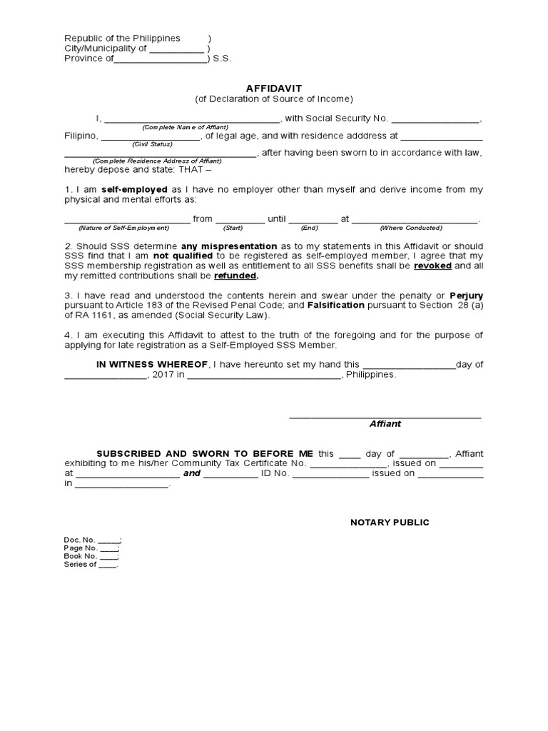 Affidavit of Declaration of Source of Income (self employed).doc