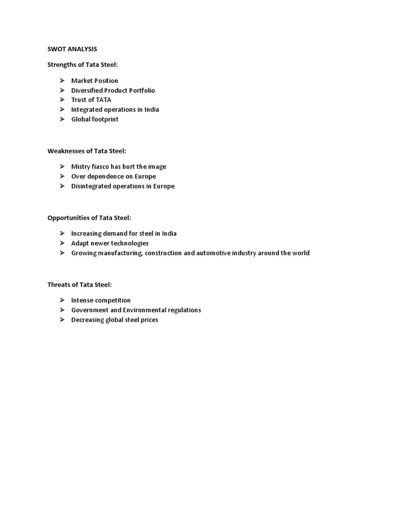 Swot Analysis Strengths of Tata Steel | PDF