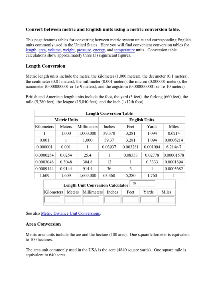 Metric to English Conversion Guide | PDF | British Thermal Unit | Calorie
