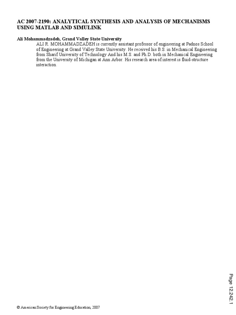 Analytical Synthesis and Analysis of Mechanisms Using Matlab and ...