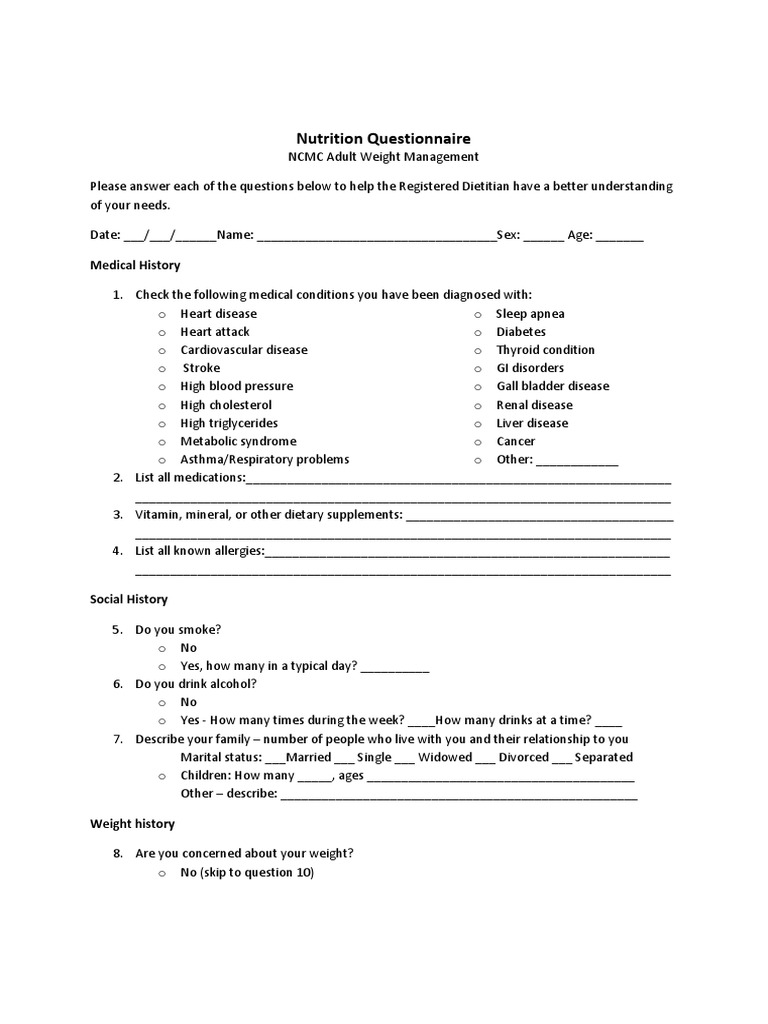 Nutrition Questionnaire | PDF | Dieting | Physical Exercise