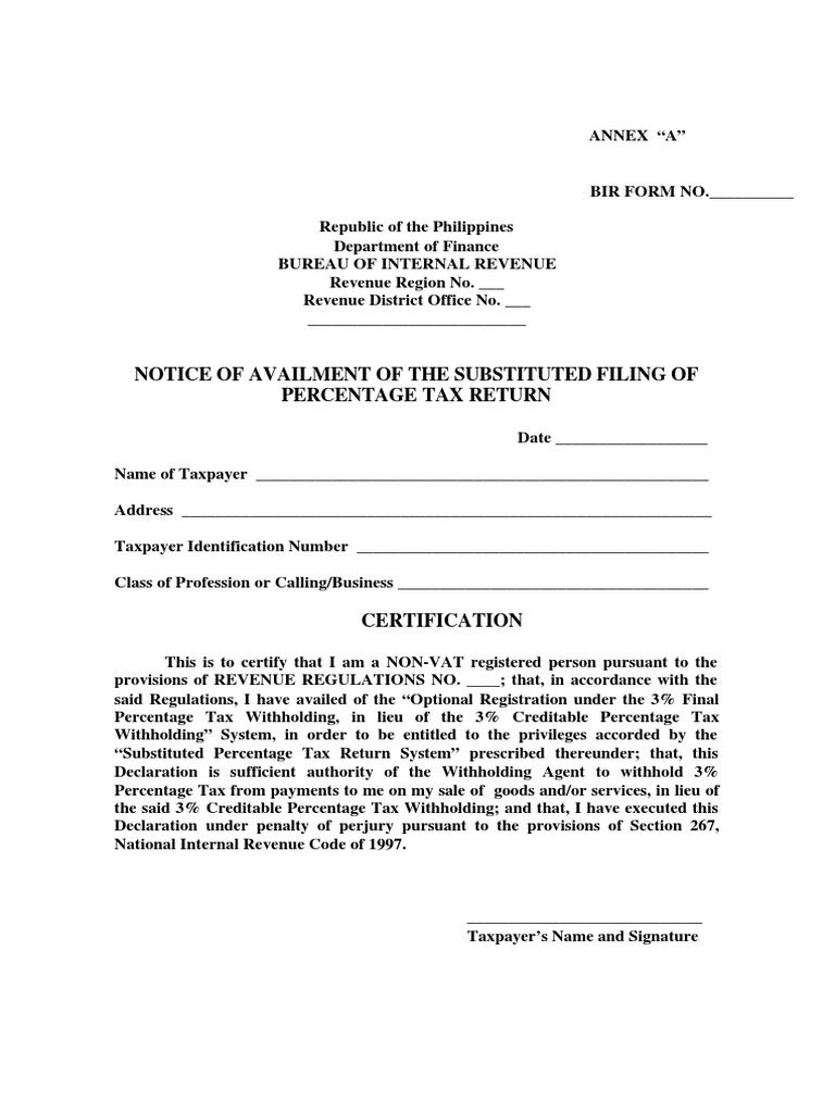 Notice of Availment of Substituted Filing of Percentage Tax Returns