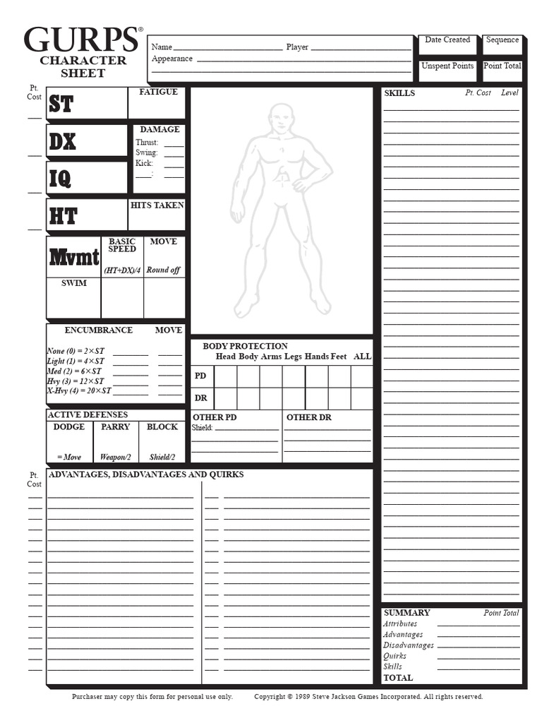 GURPS 3rd Edition Classic Charsheet Front & Back | PDF