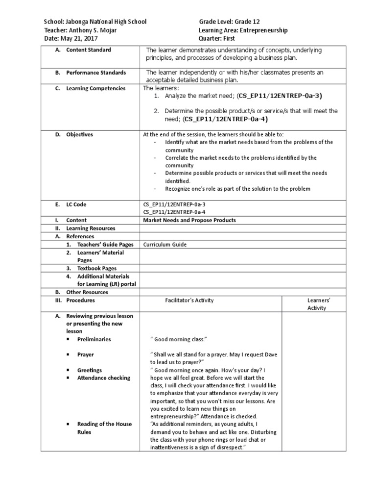 Detailed Lesson Plan On Entrepreneurship | PDF | Causality | Teachers