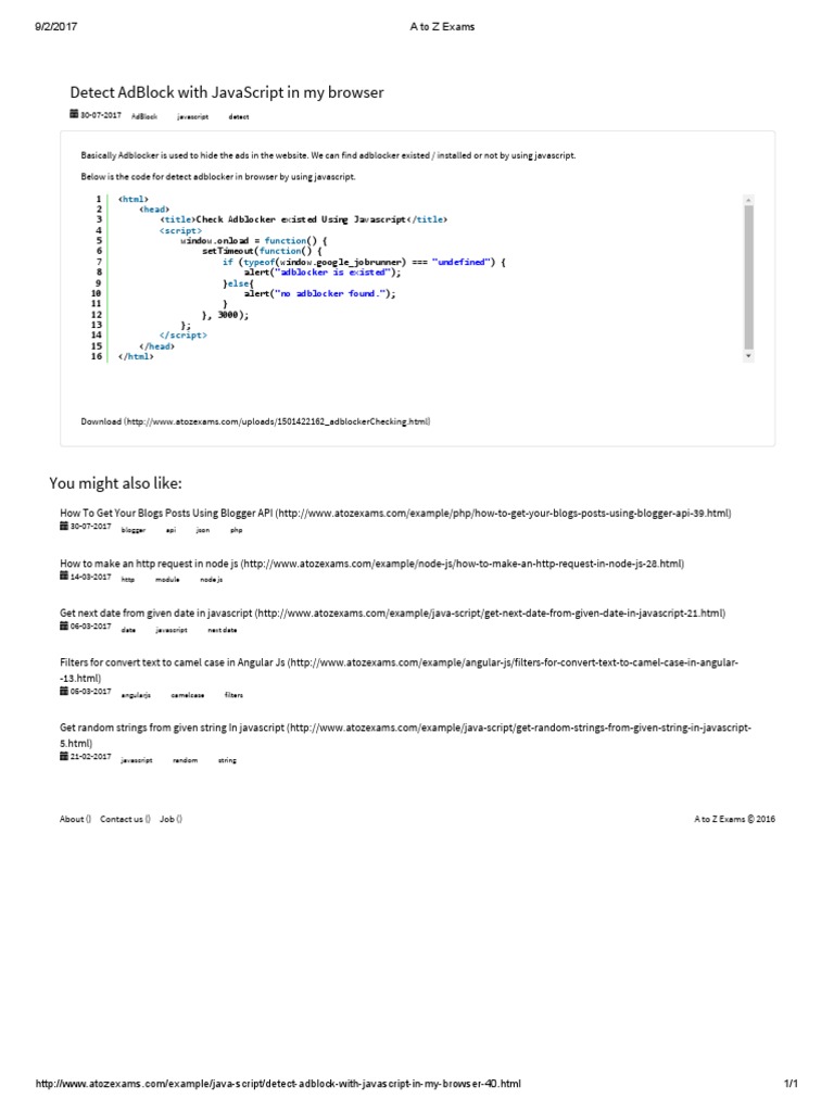 Detect Adblock With Javascript A To Z Exams Pdf Java Script 1942