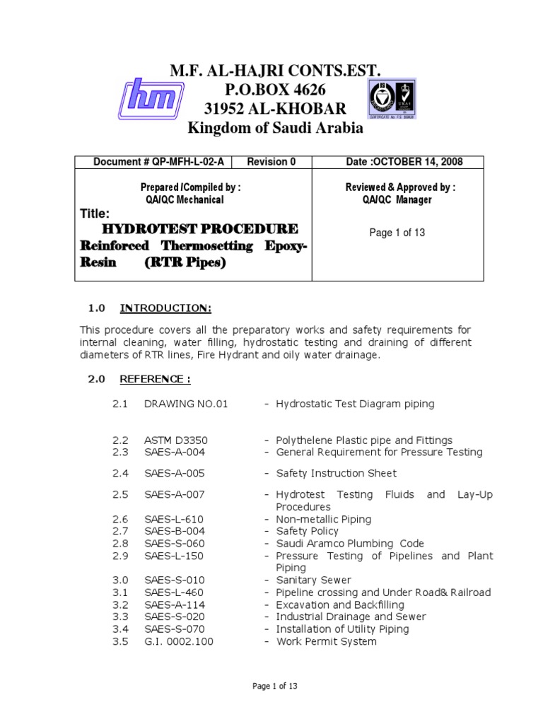 RTR Pipe Hydrotest Procedure | PDF | Pipe (Fluid Conveyance) | Calibration