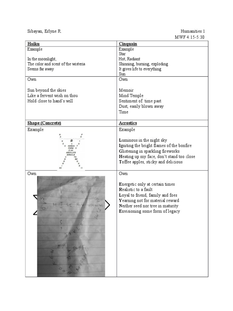 Poetic Forms and Examples: A Study in Haiku, Cinquain, Acrostic and ...