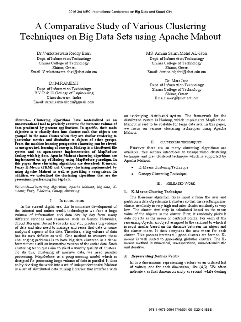 A Comparative Study of Various Clustering Techniques On Big Data Sets Using Apache Mahout | PDF ...