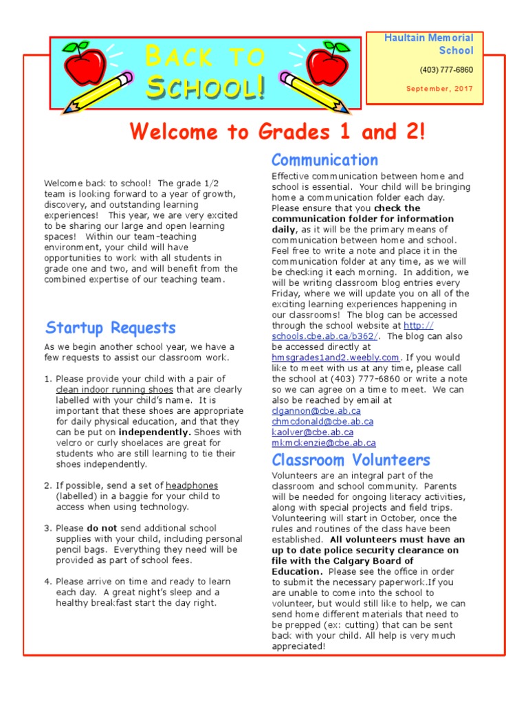 Welcome Letter 2017 Grade 1-2 PDF | PDF | Classroom | Learning