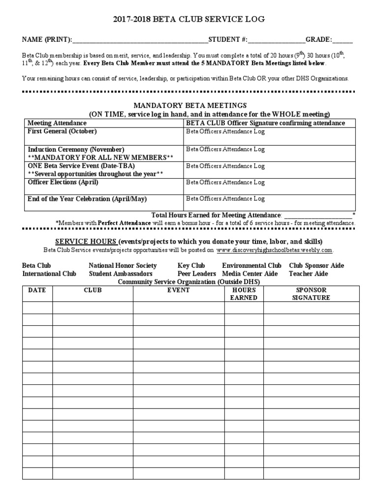 Beta Club Service Log | PDF | Business