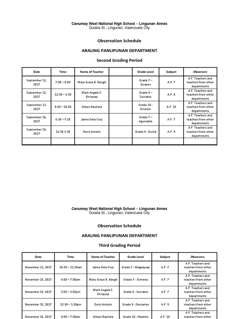 Canumay West High School Observation Schedule | PDF