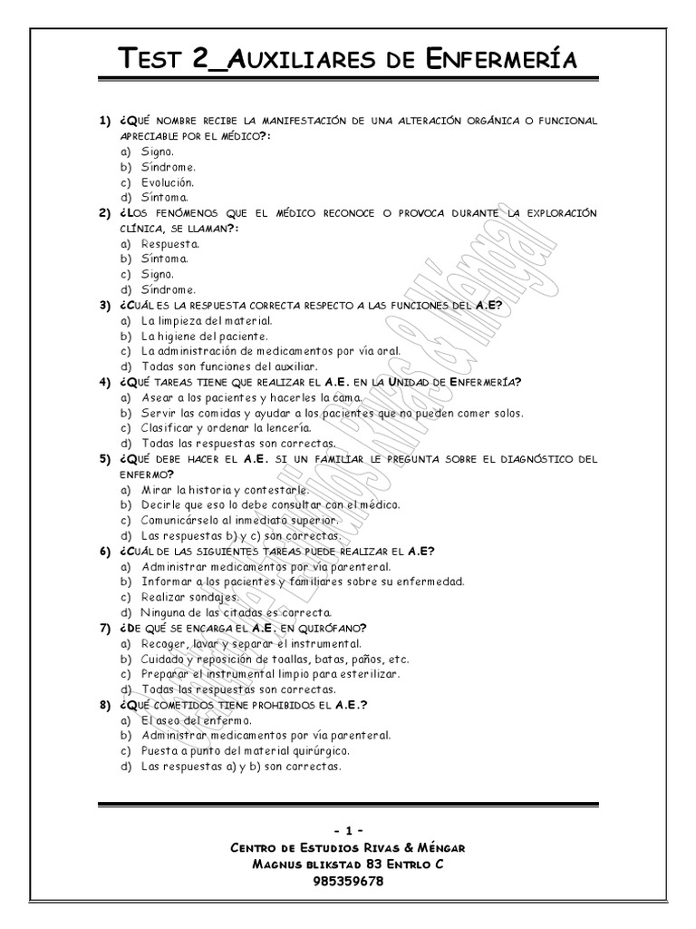 Test 2 Auxiliares De Enfermeria Pdf Abdomen Diagnostico Medico