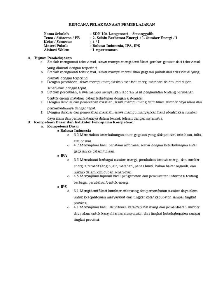 Contoh RPP Kelas 4 Sumber Energi Tema 2 | PDF