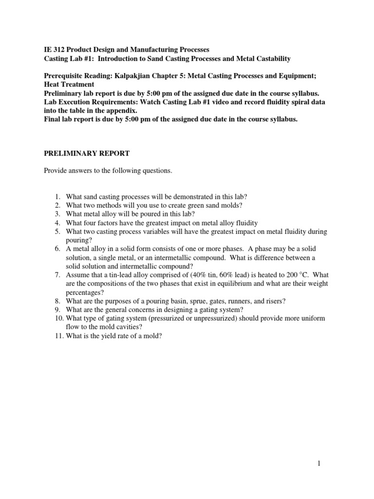 Casting Lab 1 | PDF | Casting (Metalworking) | Physical Sciences