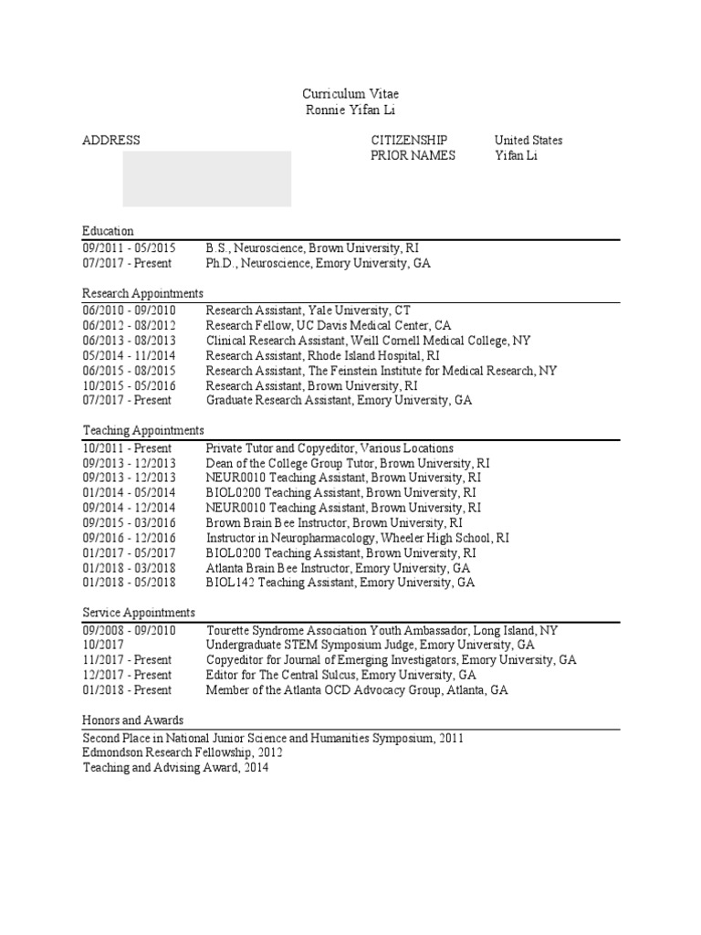 Ronnie Yifan Li - Neuroscience CV | PDF | Brown University | Breast Cancer