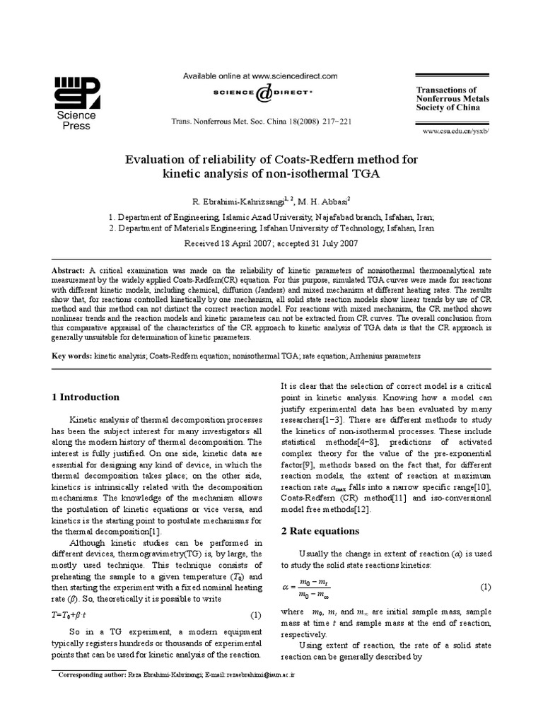 2007 Evaluation of Rentability of Coast and Redfern Method For Kinetic ...