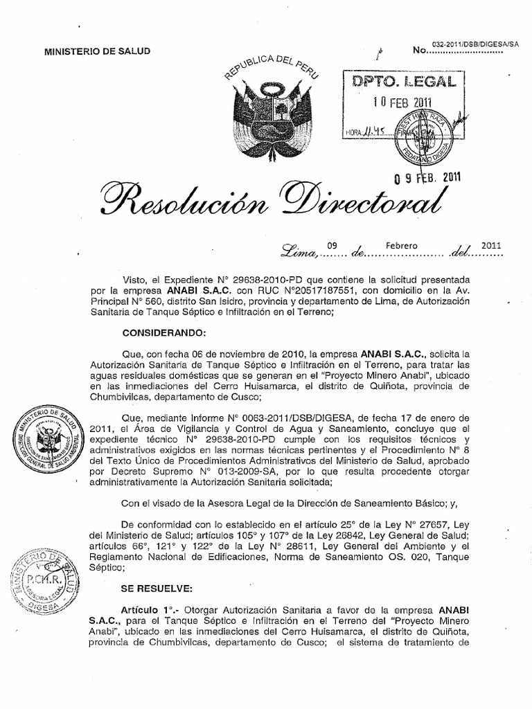 RD 032-2011-DSB-DIGESA-SA-Autorización Sanitaria Tratamiento TQ Septico ...