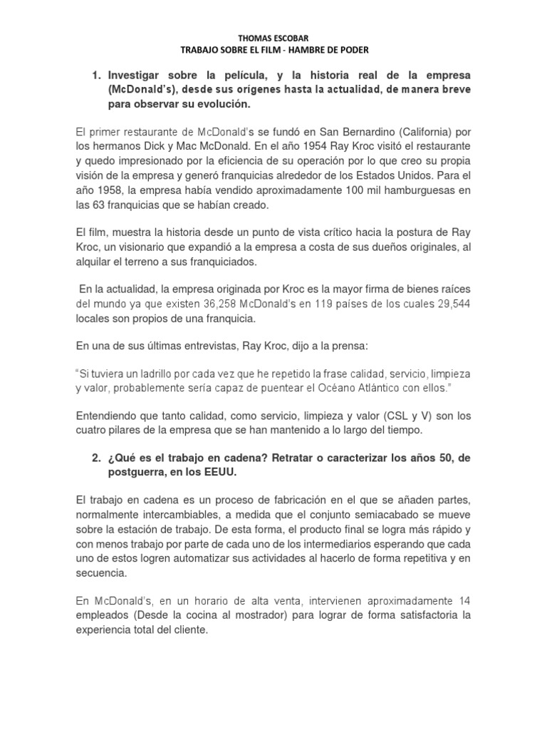 Análisis del film "Hambre de Poder" | PDF | Mc Donald's | Alimentos