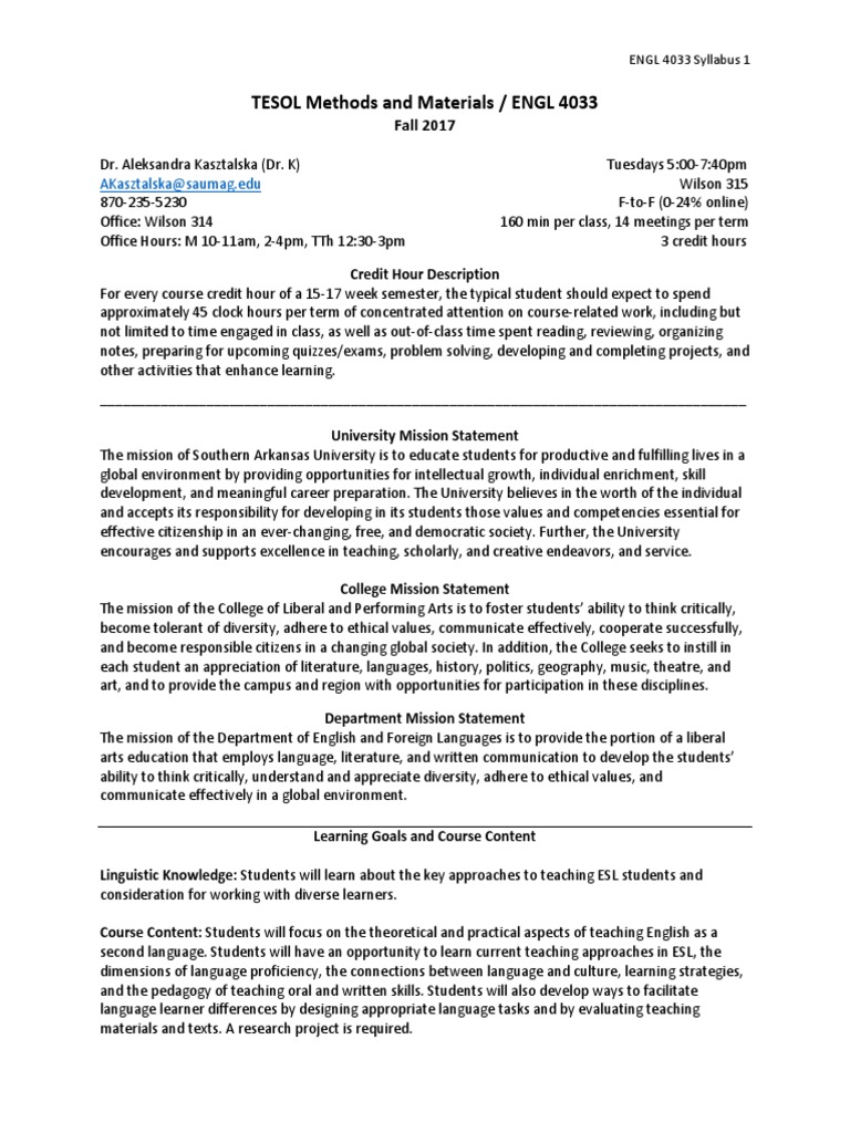 TESOL Methods and Material Syllabus | PDF | English As A Second Or ...