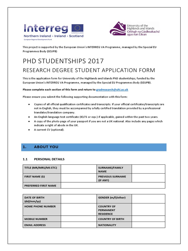 PhD Studentship Application Form 2017 | PDF | Doctor Of Philosophy | Race And Ethnicity In The ...